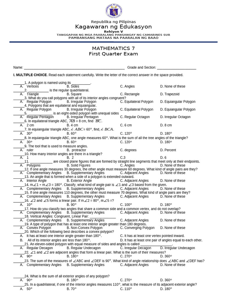 Grade 7 Quarter 1 Exam | PDF
