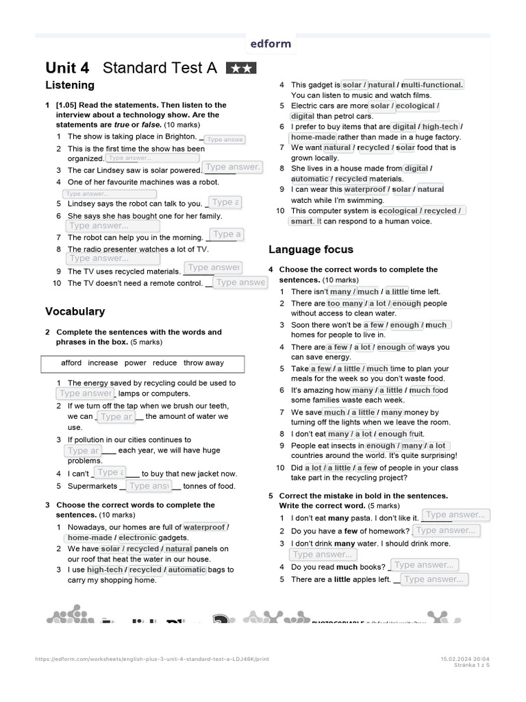 Print English Plus 3 Unit 4 Standard Test A - Edform | PDF