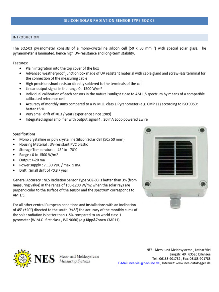 Solar Radiation Sensor SOZ 03 | PDF
