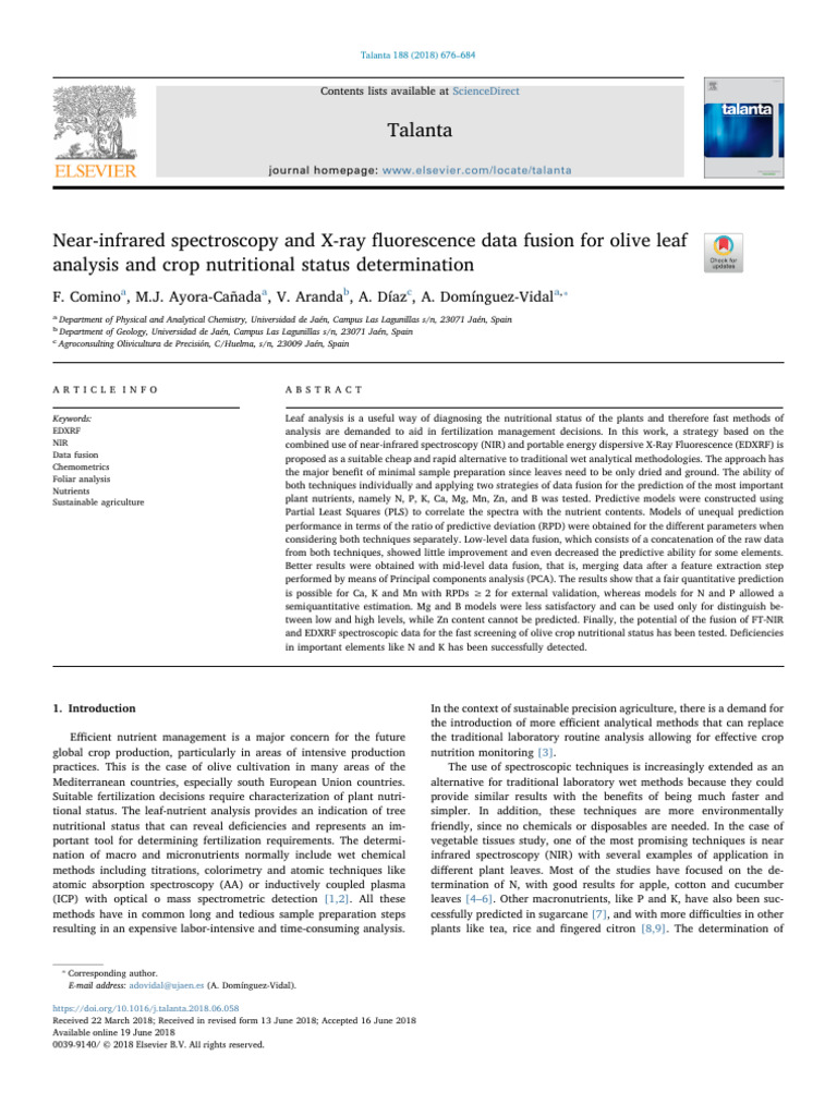 Near-Infrared Spectroscopy and X-Ray Fluorescence Data Fusion For Olive Leaf | PDF
