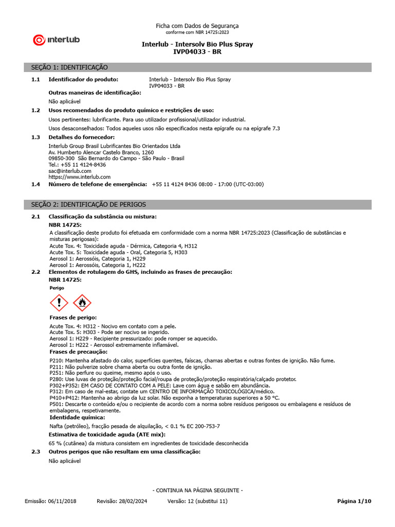 FDS de Interlub - Intersolv Bio Plus Spray - Ni 27176561 | PDF