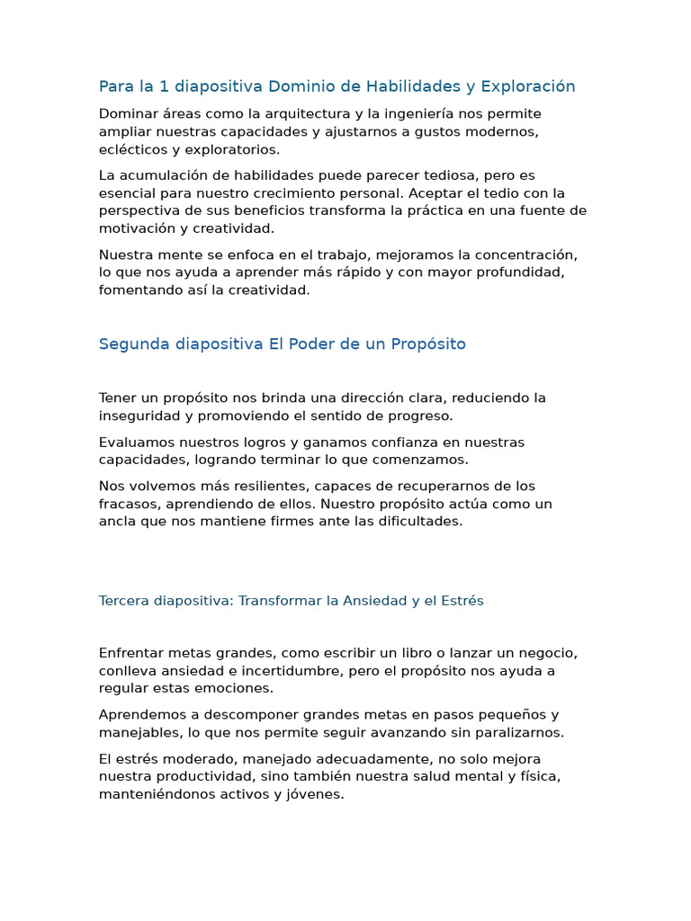 Para La 1 Diapositiva Dominio de Habilidades y Exploración: Segunda ...