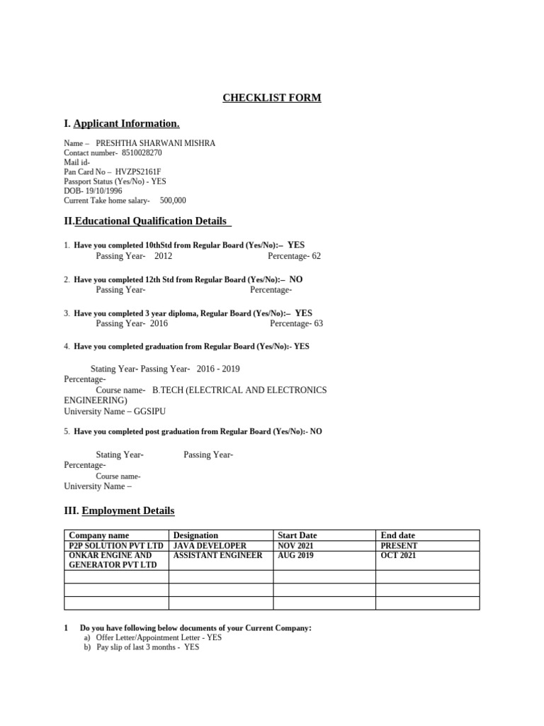 Checklist Form For Mbit | PDF