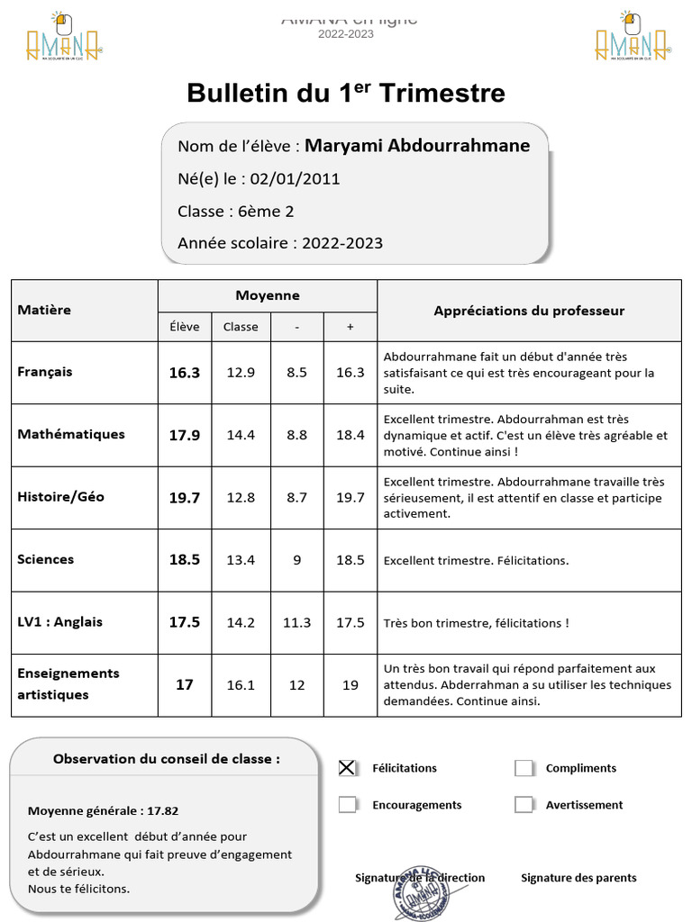 Bulletin Du 1er Trimestre 6ème 2 Maryami Abdourrahmane | PDF