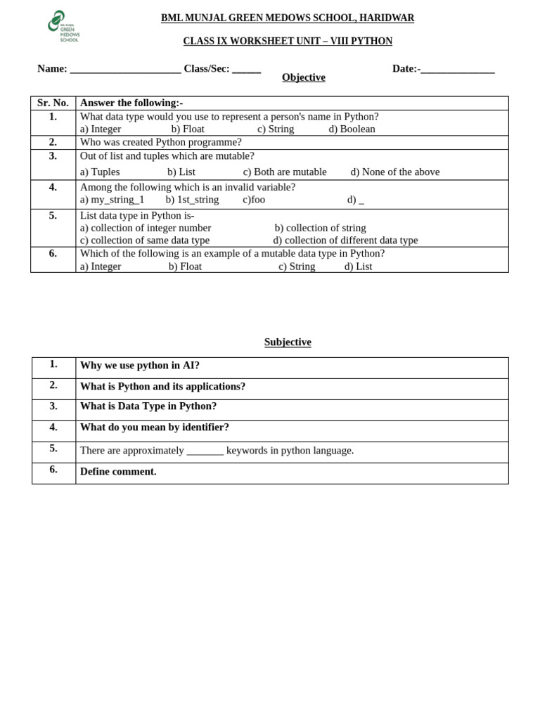 Class 9 Worksheet Unit - Viii Python | PDF Class 9 Worksheet Unit - Viii Python | PDF