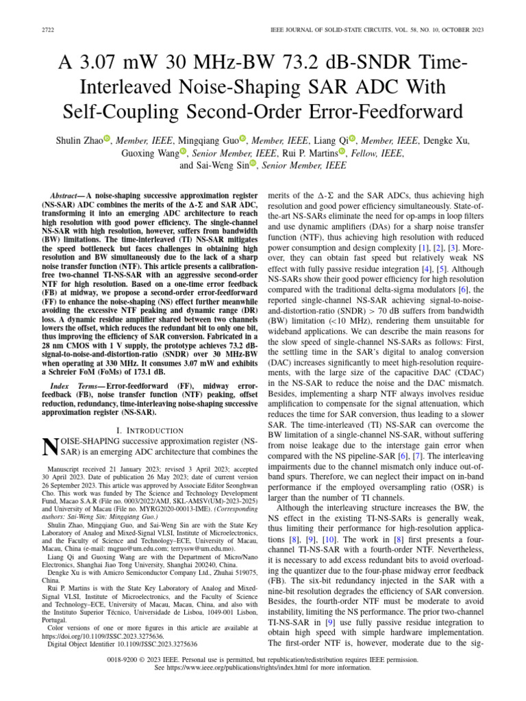 A 3.07 MW 30 MHZ-BW 73.2 DB-SNDR Time - Interleaved Noise-Shaping SAR ADC With Self-Coupling ...