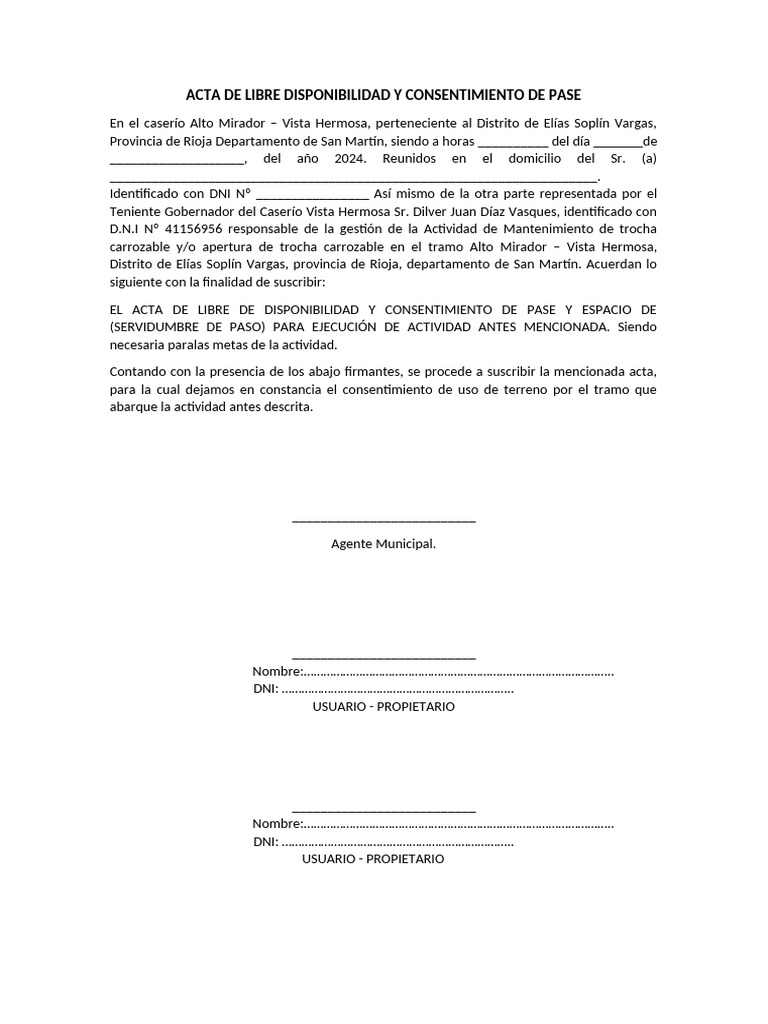 Acta de Libre Disponibilidad y Consentimiento de Pase | PDF