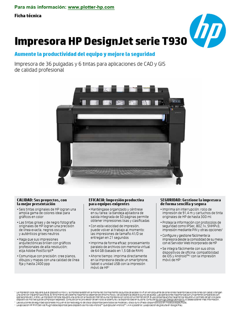 Caracteristicas Plotter HP Designjet t930 | PDF