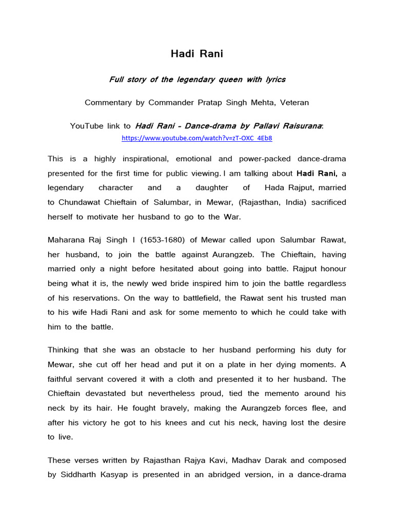 Hadi Rani - Full Story and Lyrics | PDF