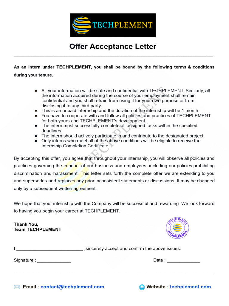 TECHPLEMENT Offer Acceptance Letter | PDF