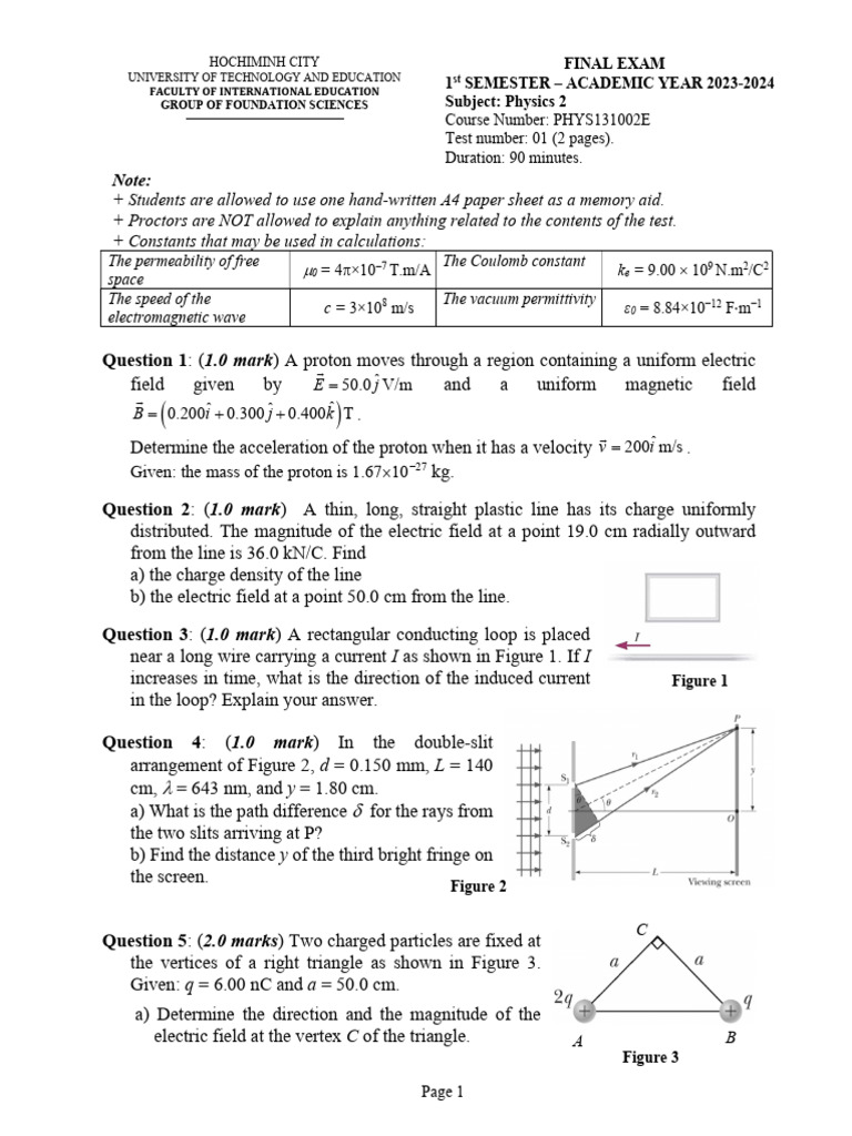 Đề thi và đáp án môn Vật Lý 2 - HK1-23-24 | PDF