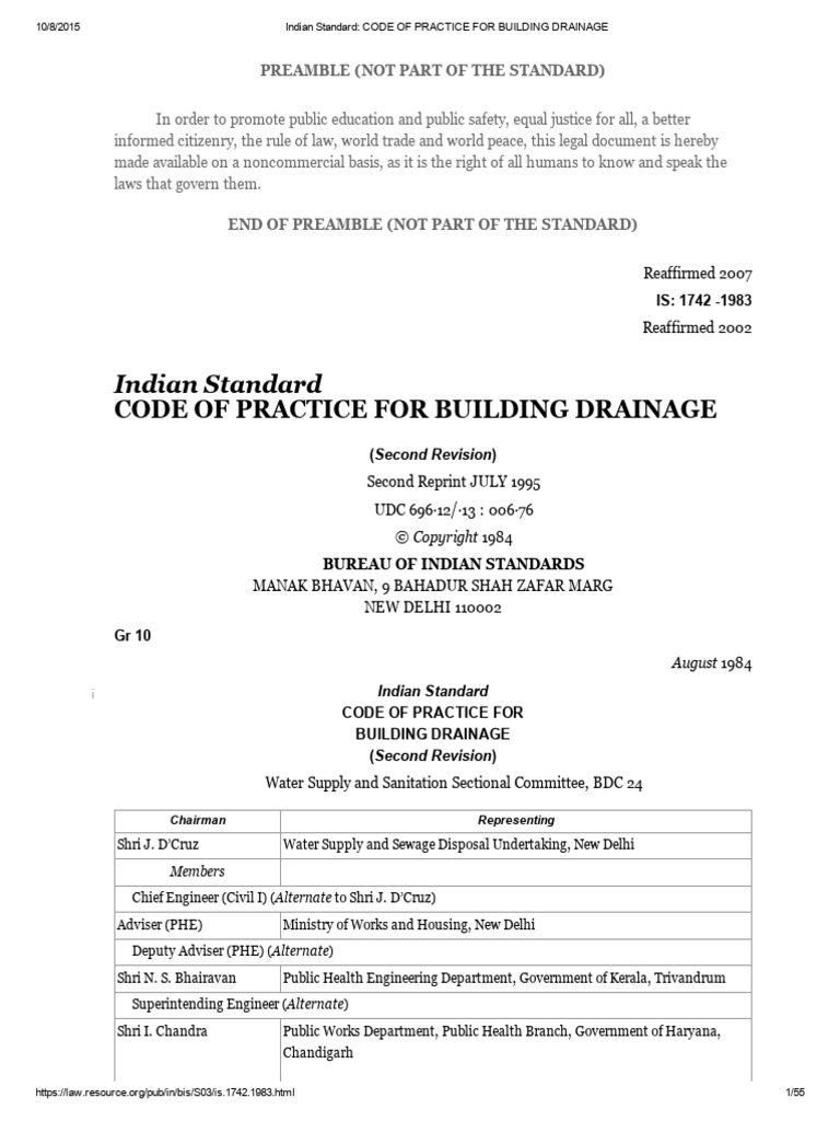Indian Standard - CODE OF PRACTICE FOR BUILDING DRAINAGE | PDF