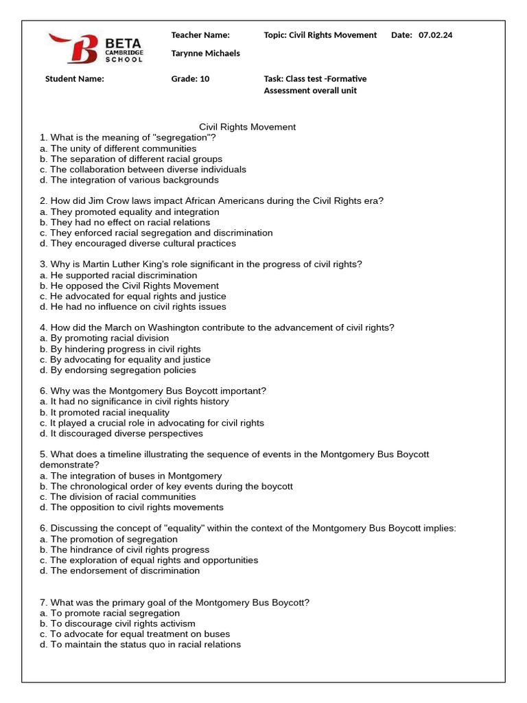 Class Test - Civil Rights 07.02.2024 | PDF