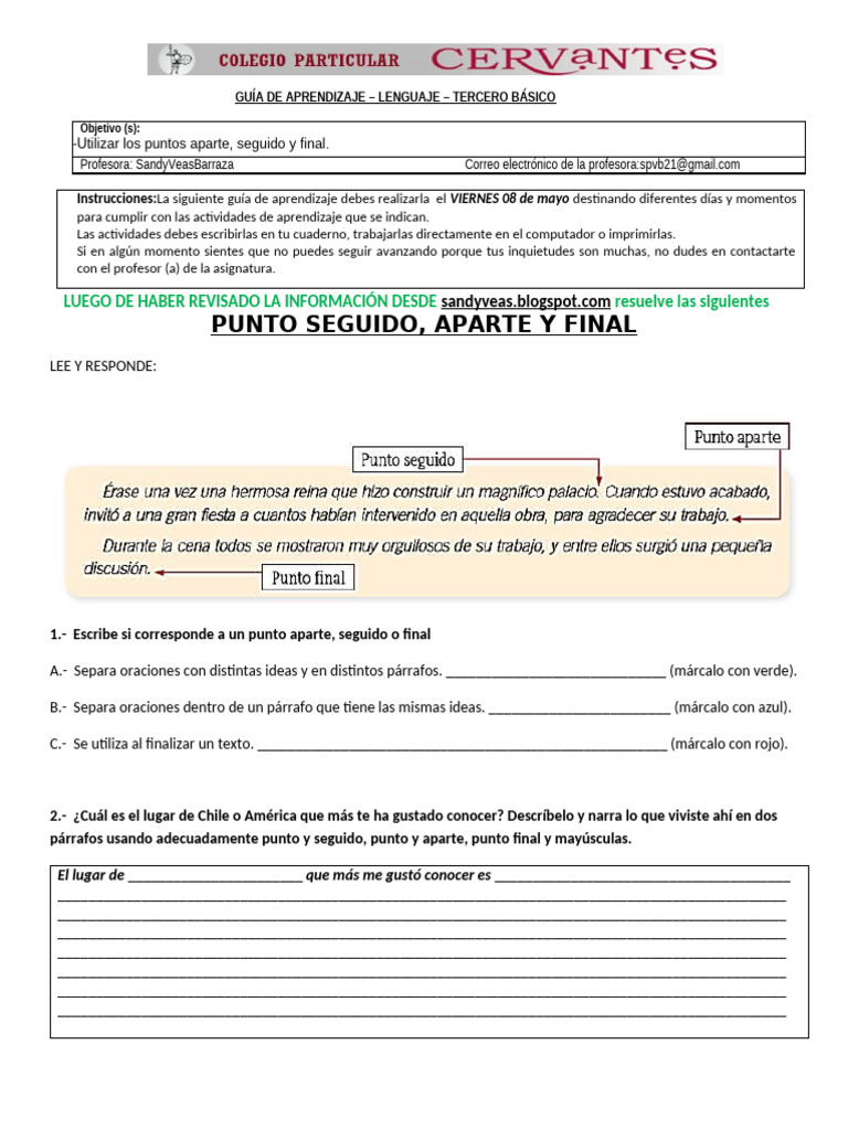 Guía 2 Lenguaje Tercero Básico - Punto Seguido Aparte y Final - 8 de ...
