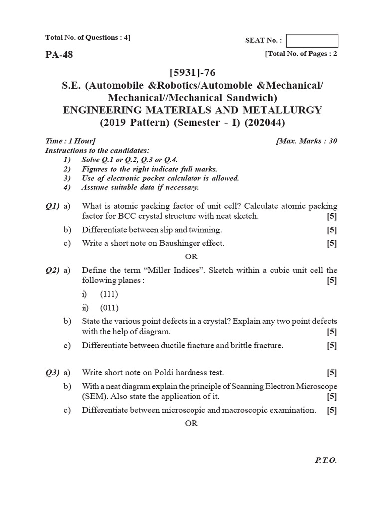 EMM Insem QUestion Paper | PDF | Crystal Structure | Materials Science
