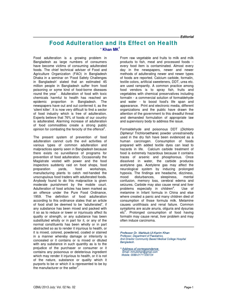 Food Adulteration and Its Effect On Heal | PDF