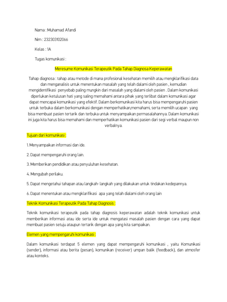 Muhamad Afandi - 232303102066 - Komunikasi Terapeutik Tahap Diagnosa | PDF