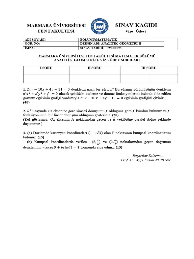 Mat 1022 Vize 2023 | PDF
