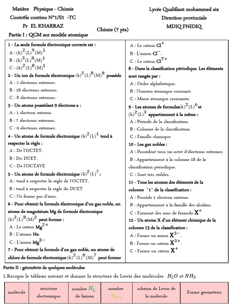 Partie I: QCM Sur Modèle Atomique | PDF