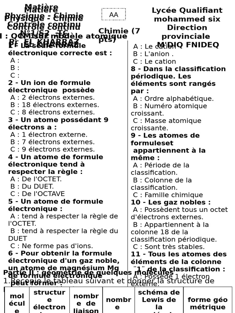 1.recopie Le Tableau Suivant Et Donner La Structure de Lewis Des ...