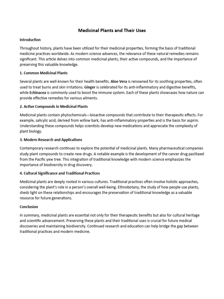 Medicinal Plants and Their Uses | PDF