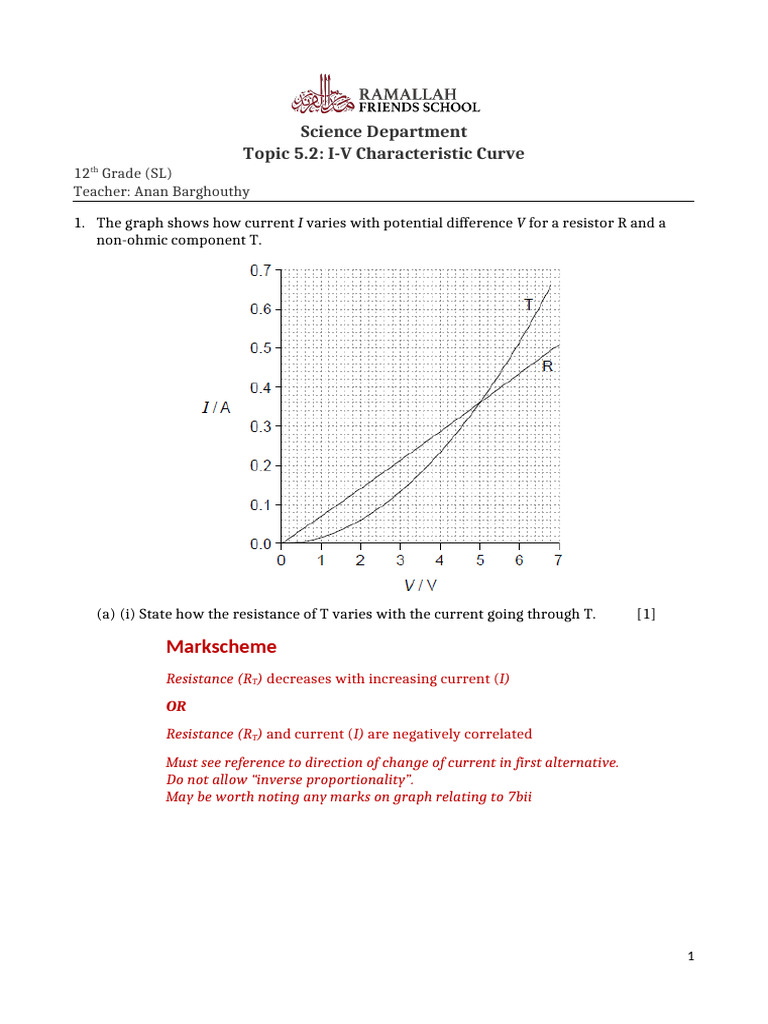 Topic 5.2 I-V Characteristic Curve - Key | PDF
