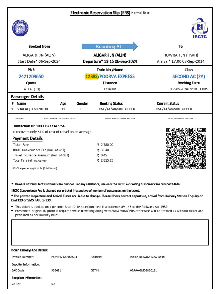 12382/poorva Express Second Ac (2A) | PDF