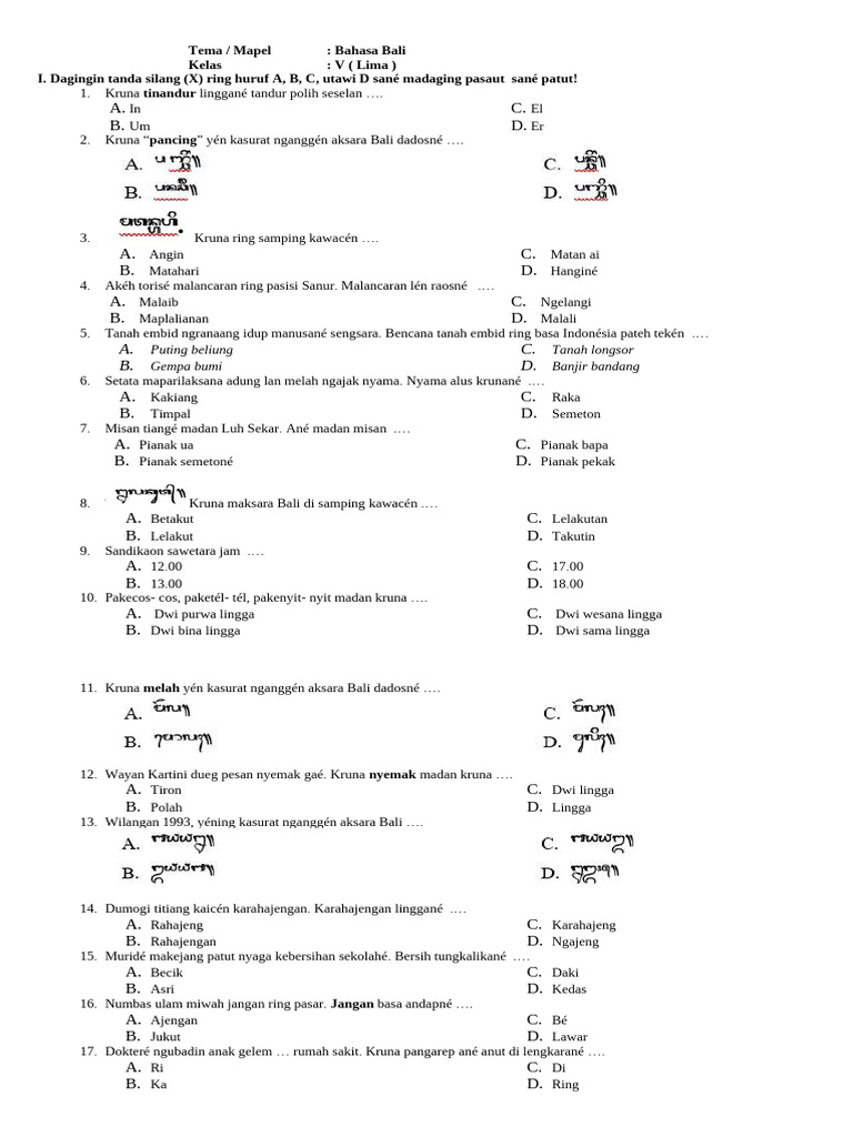 SOAL BAHASA BALI Kls 5 | PDF