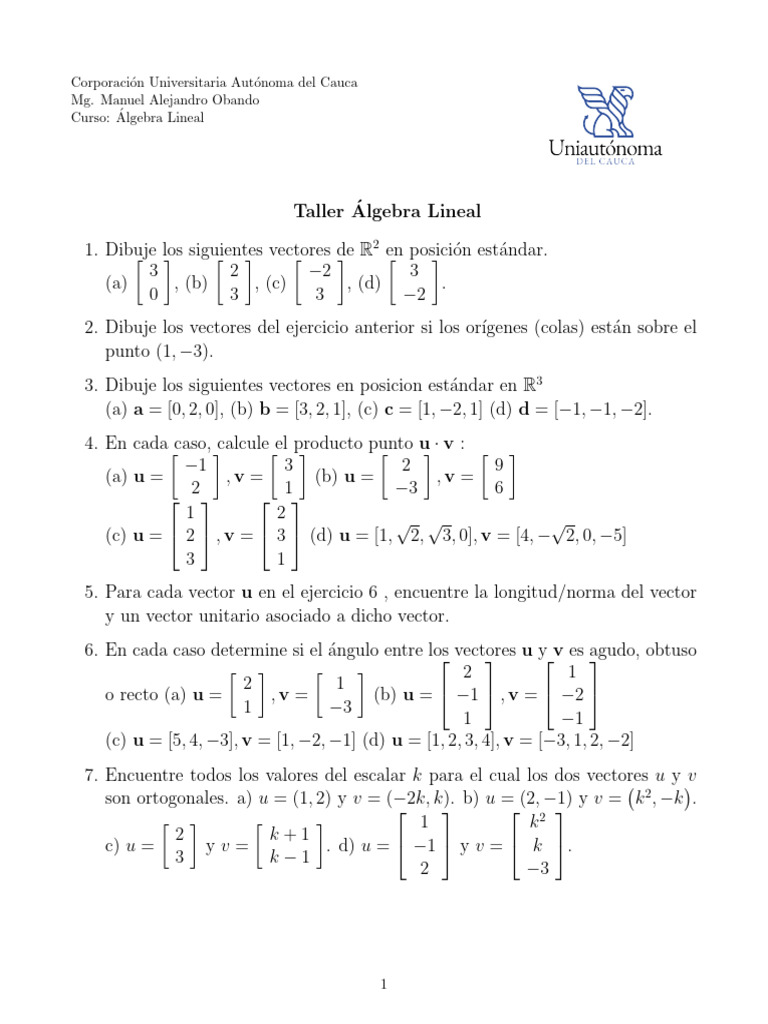 Primer Taller Algebra Lineal Vectores y Matrices | PDF
