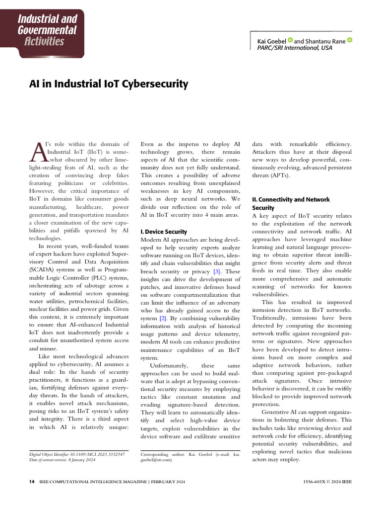 AI in Industrial IoT Cybersecurity Industrial and Governmental Activities | PDF