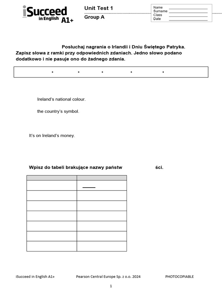 Isucceed - A1P - Unit 1 - Unit Test - Group A | PDF