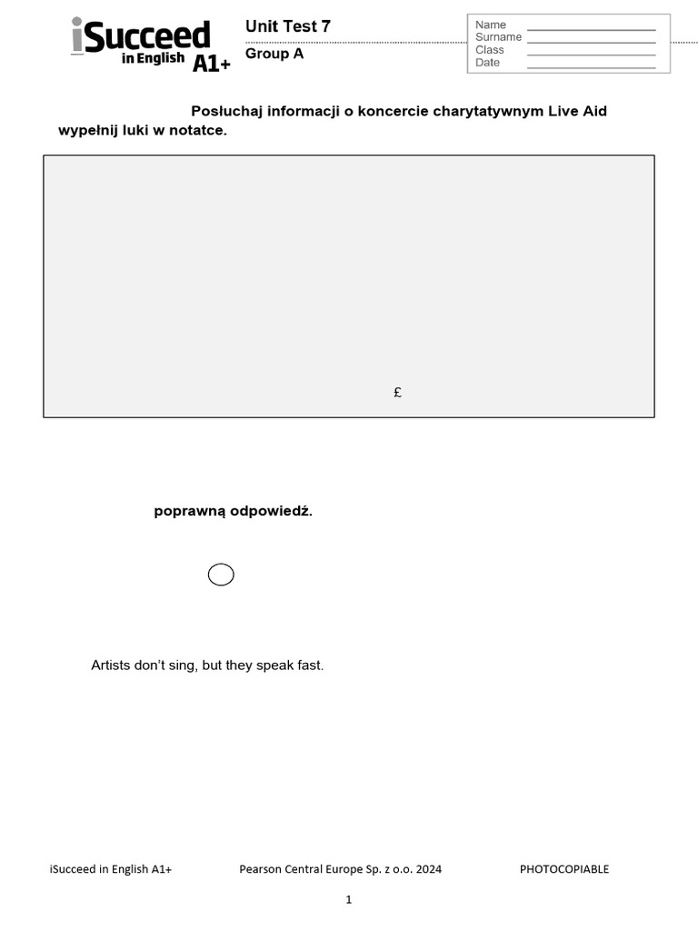 Isucceed - A1P - Unit 7 - Unit Test - Group A | PDF
