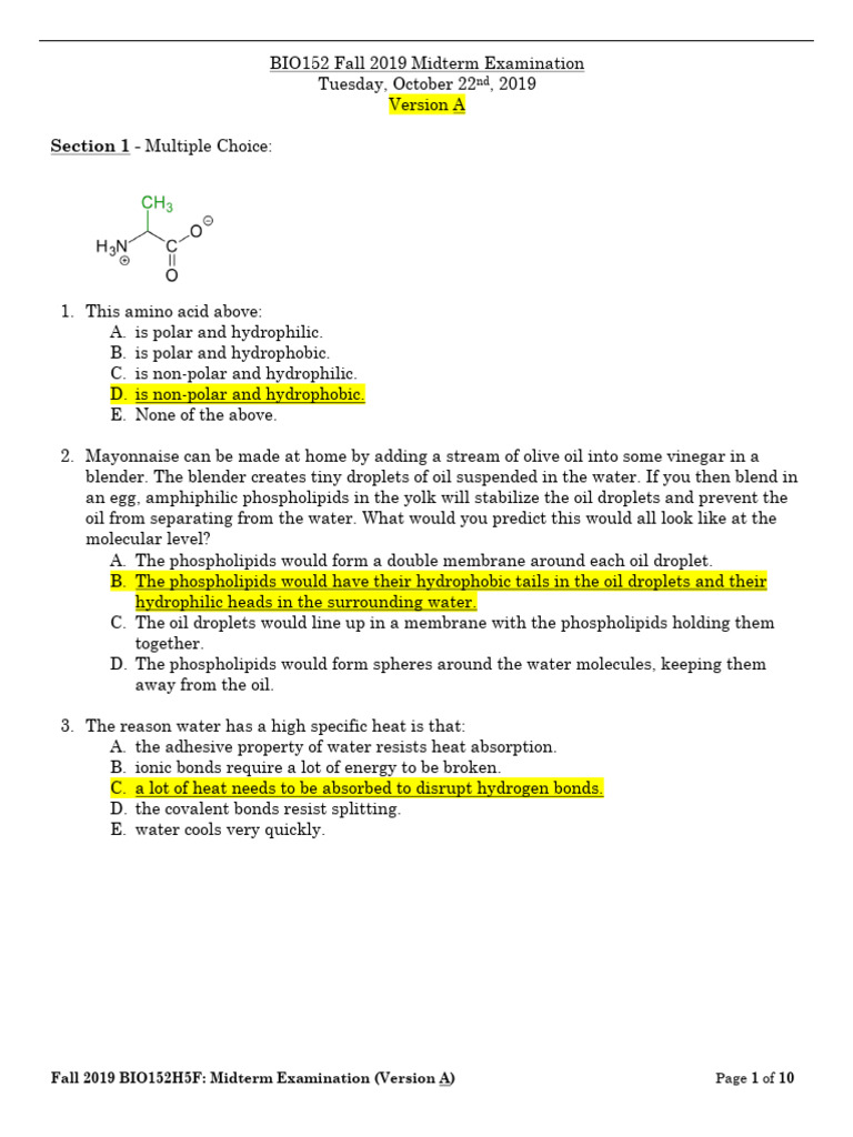 Bio152 Midterm 2019 Version A | PDF | Mitosis | Zygosity