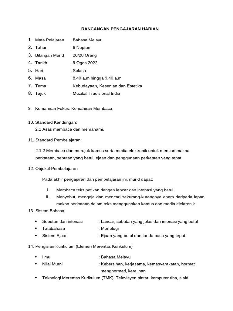 RPH BM M20 Kemahiran Membaca (9-8-2022) | PDF