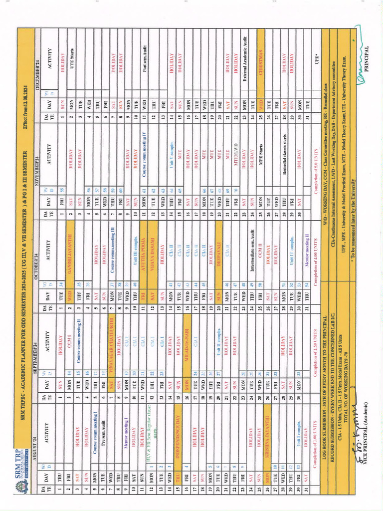 Academic Planner 2024 2025 Odd Semester | PDF