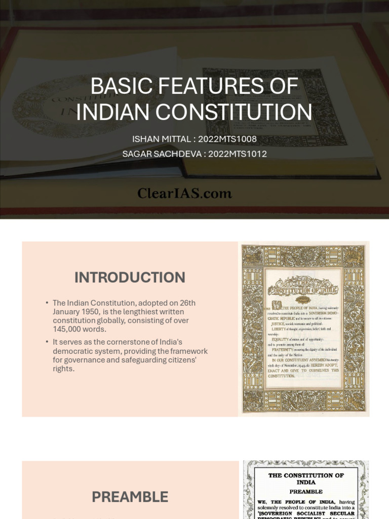 Basic Features of Indian Constitution: ISHAN MITTAL: 2022MTS1008 Sagar Sachdeva: 2022Mts1012 | PDF