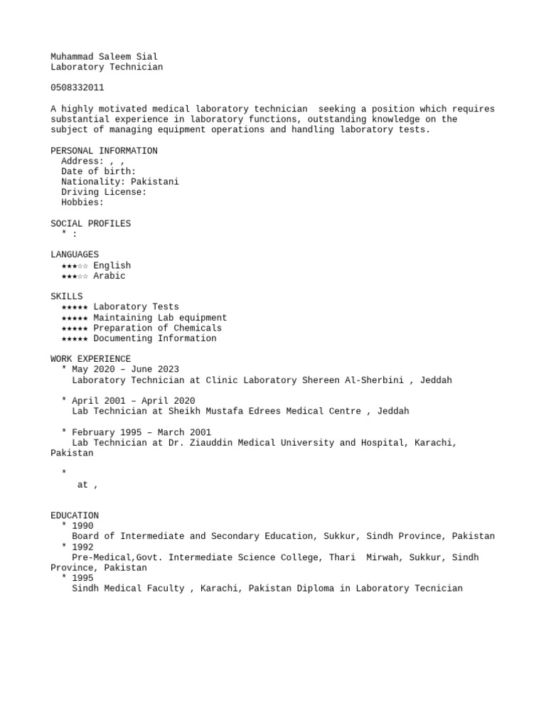 Muhammad Saleem Sial - Resume - Laboratory Technician | PDF