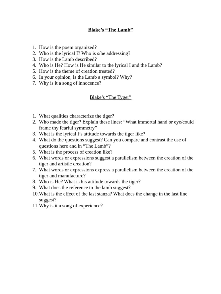 The Lamb The Tyger - Study Guide | PDF