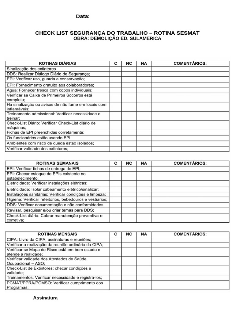 Check List Rotina Do Sesmt | PDF