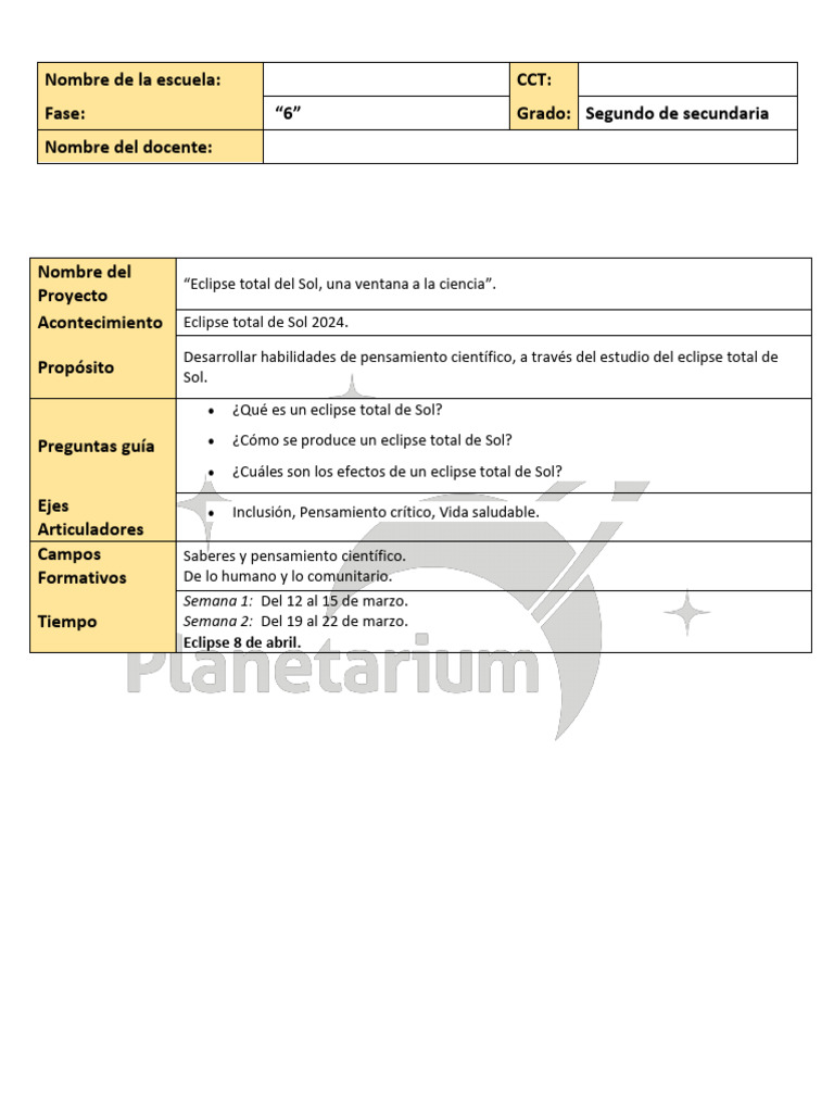 Propuesta Proyecto Eclipse Segundo Grado Secundaria | PDF | Evaluación | Gravedad