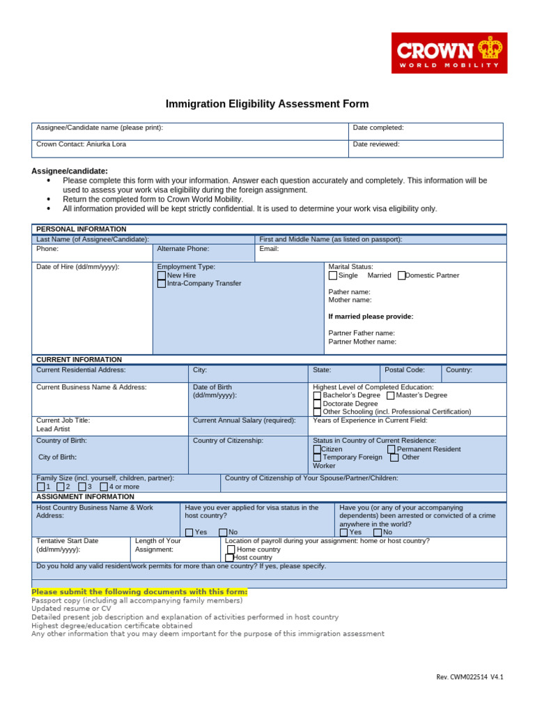 Immigration Eligibility Assessment Form | PDF