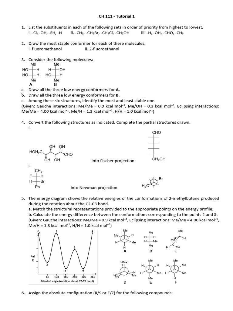 CH 111 - Tutorial 1-2024 | PDF