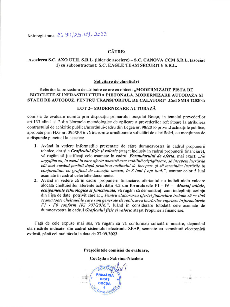 Solicitare de Clarificari Nr. 23911 Din 25.09.2023-Semnat | PDF