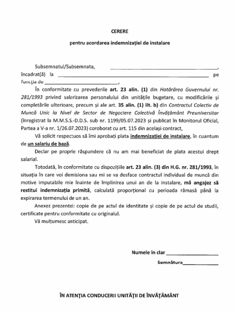 Model de Cerere Pentru Indemnizatia de Instalare | PDF