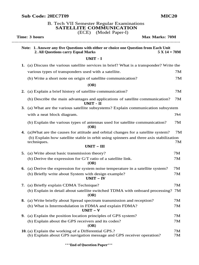 Satellite Communication (Mic20) 20ec7t09 Model Paper-1 | PDF | Global ...