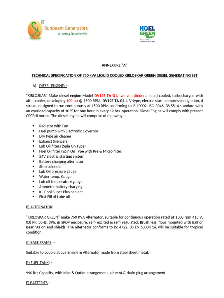 750 Kva D G Set Spec | PDF