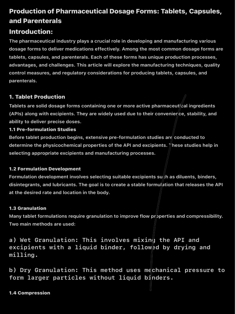 Production of Pharmaceutical Dosage Forms Tablets, Capsules, and | PDF