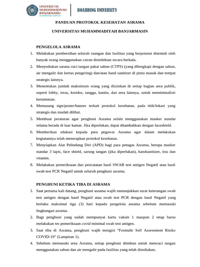 Panduan Prokes Asrama | PDF