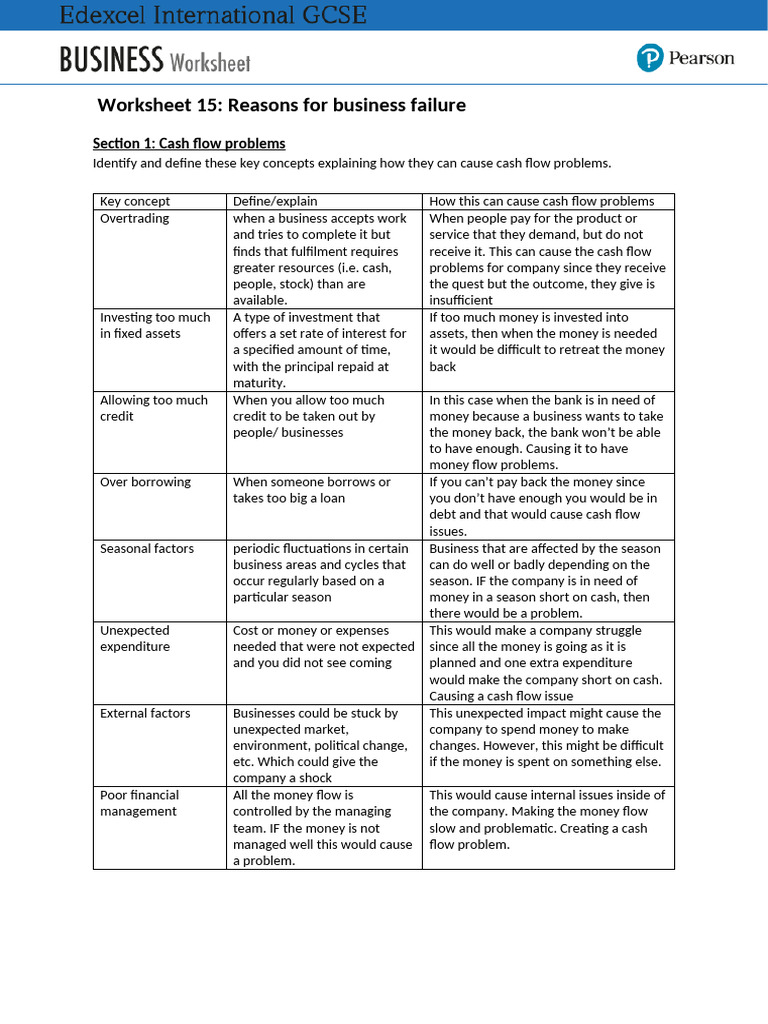 Worksheet - Reasons For Failure of Business | PDF