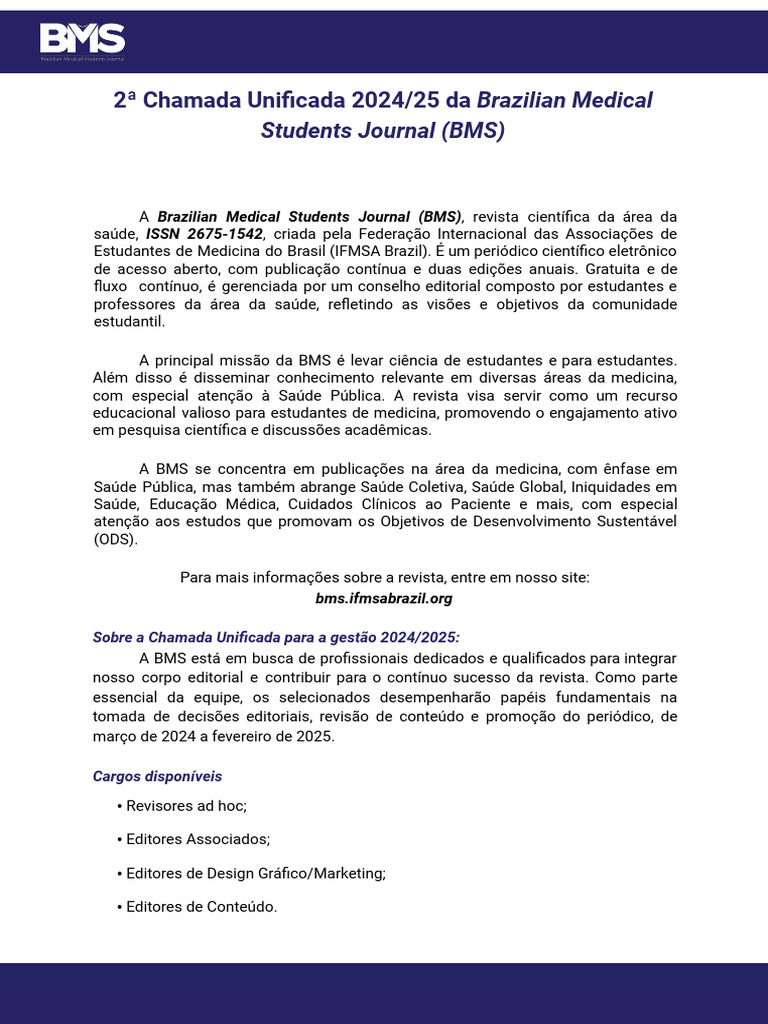 2Â Chamada Unificada 2024 - 25 Da Brazilian Medical Students Journal (BMS) | PDF